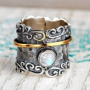 Jewelry | Retro Temperament Wide Face Two Tone Rainbow Moonstone Ring ...